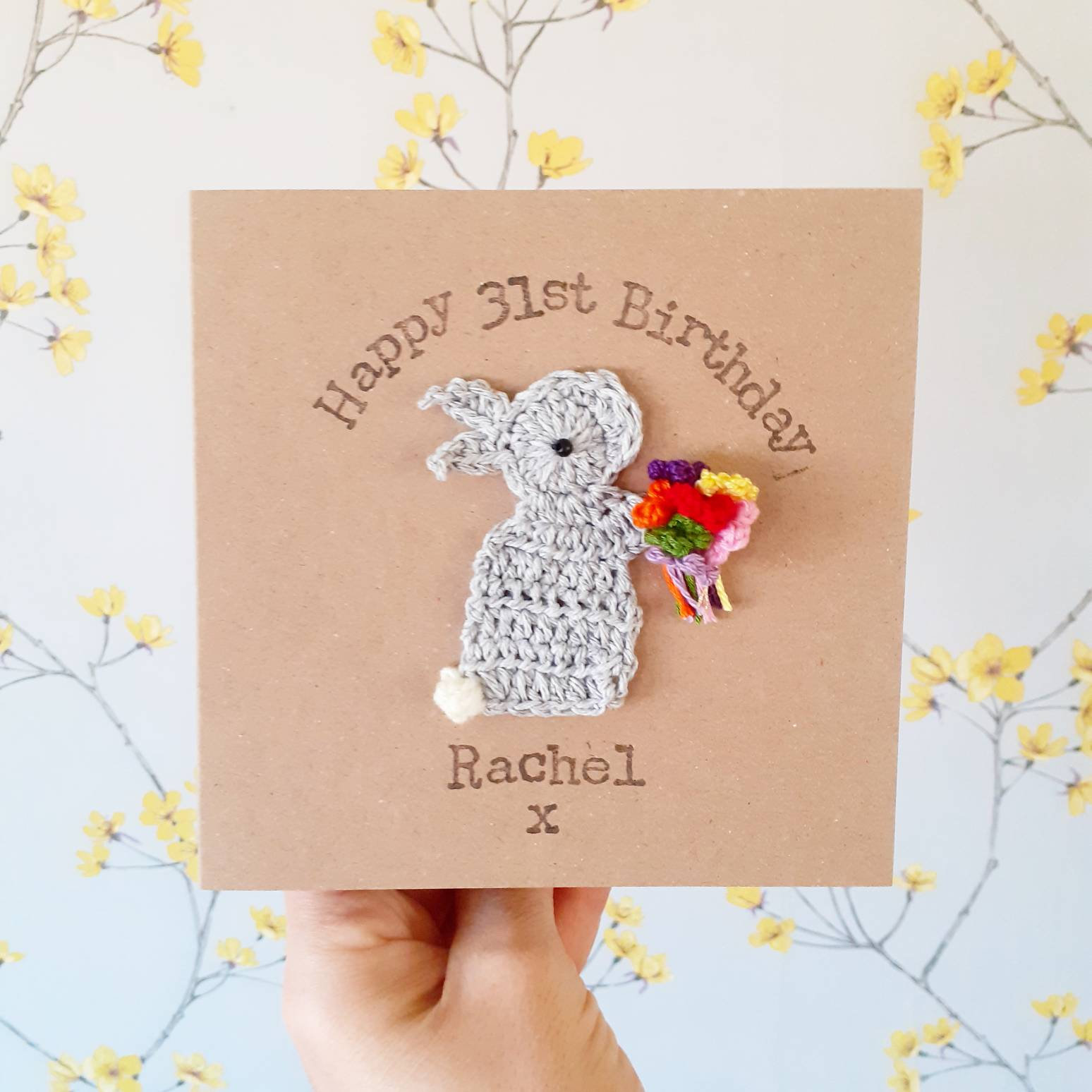 Crochet Greeting Card, Personalised Handmade Crochet Bunny Bouquet ...